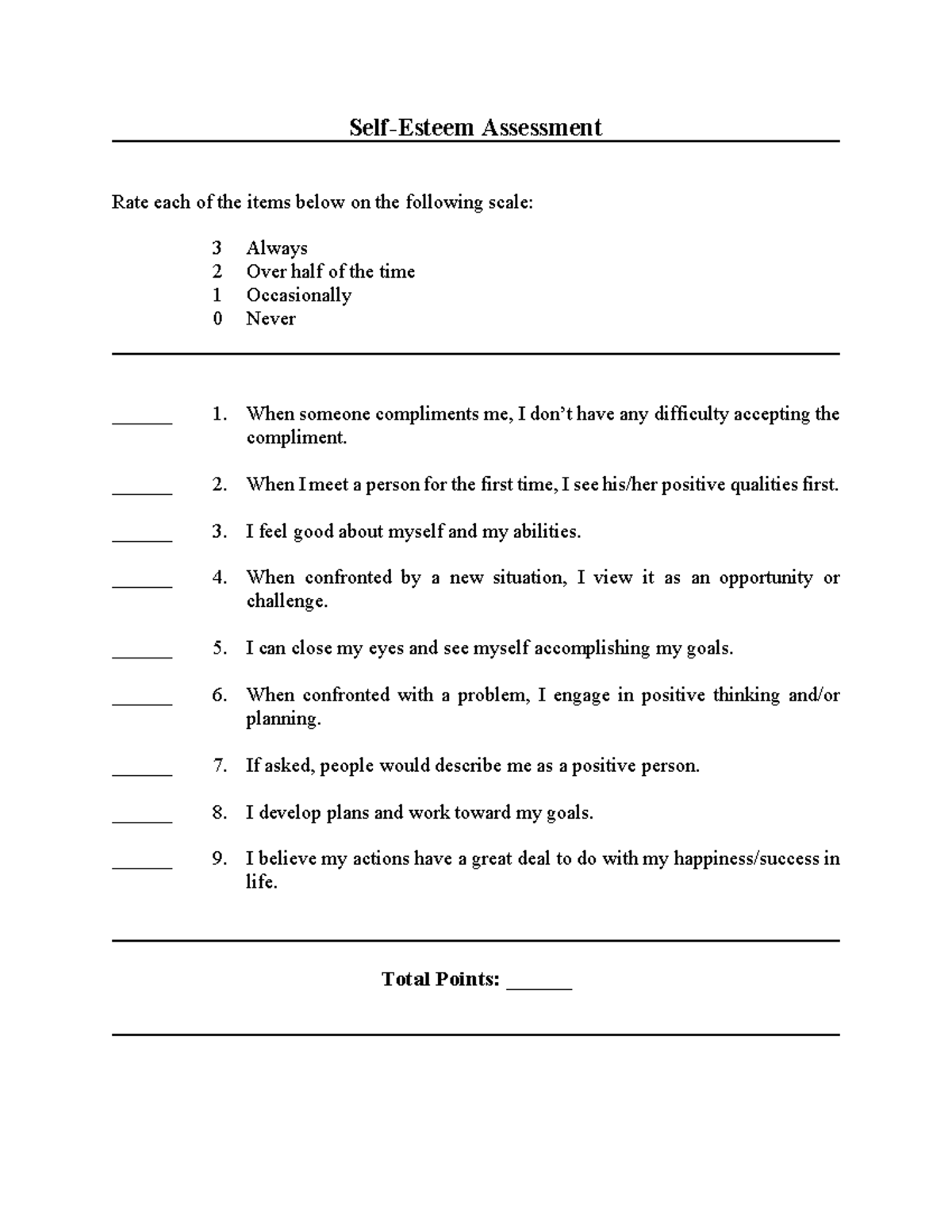 Self Esteem Assessment - Self-Esteem Assessment Rate each of the items ...
