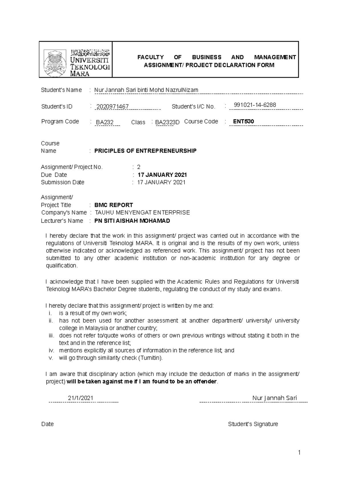 BMC Tauhu Menyengat Enterprise - FACULTY OF BUSINESS AND MANAGEMENT ASSIGNMENT/ PROJECT ...