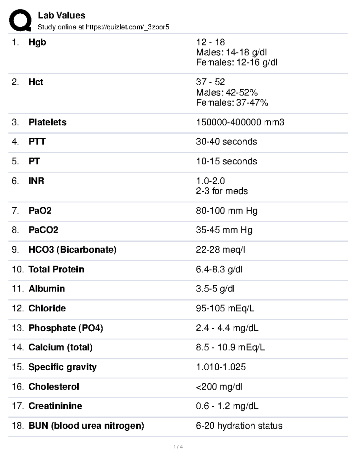 Lab Values - Study online at quizlet/_3zbor Hgb 12 - 18 Males: 14-18 g ...