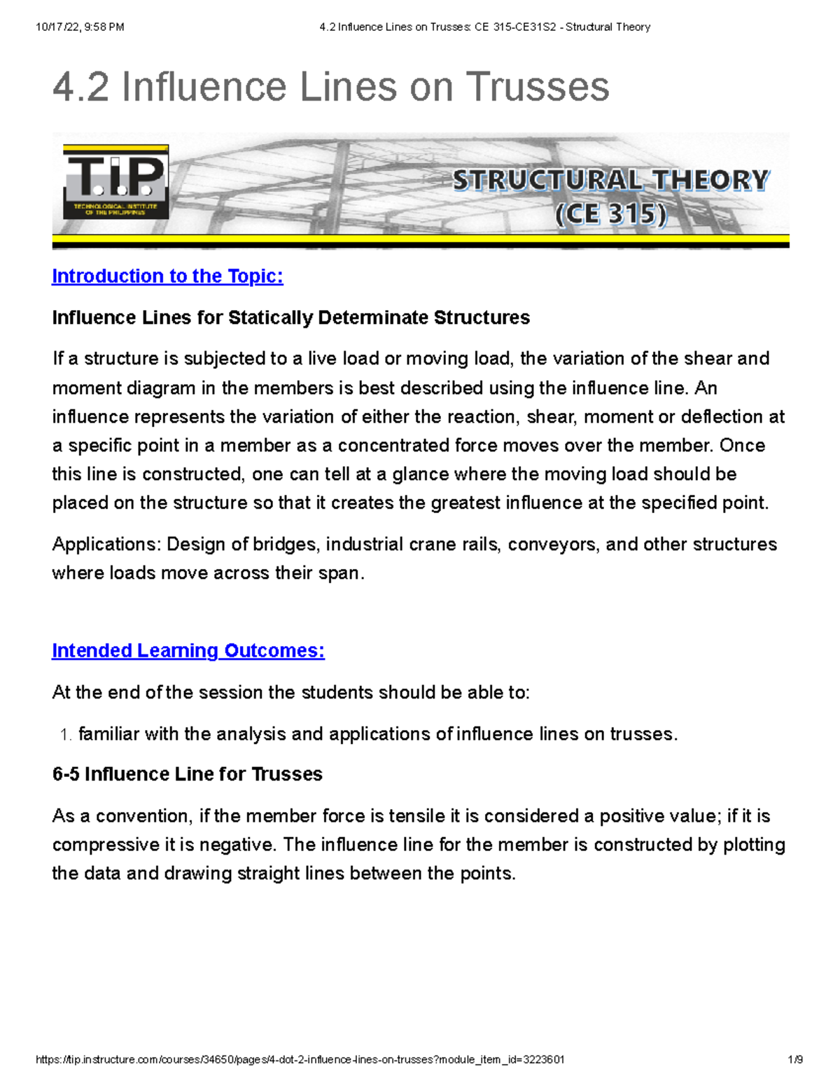 Influence lines - An influence represents the variation of either the ...