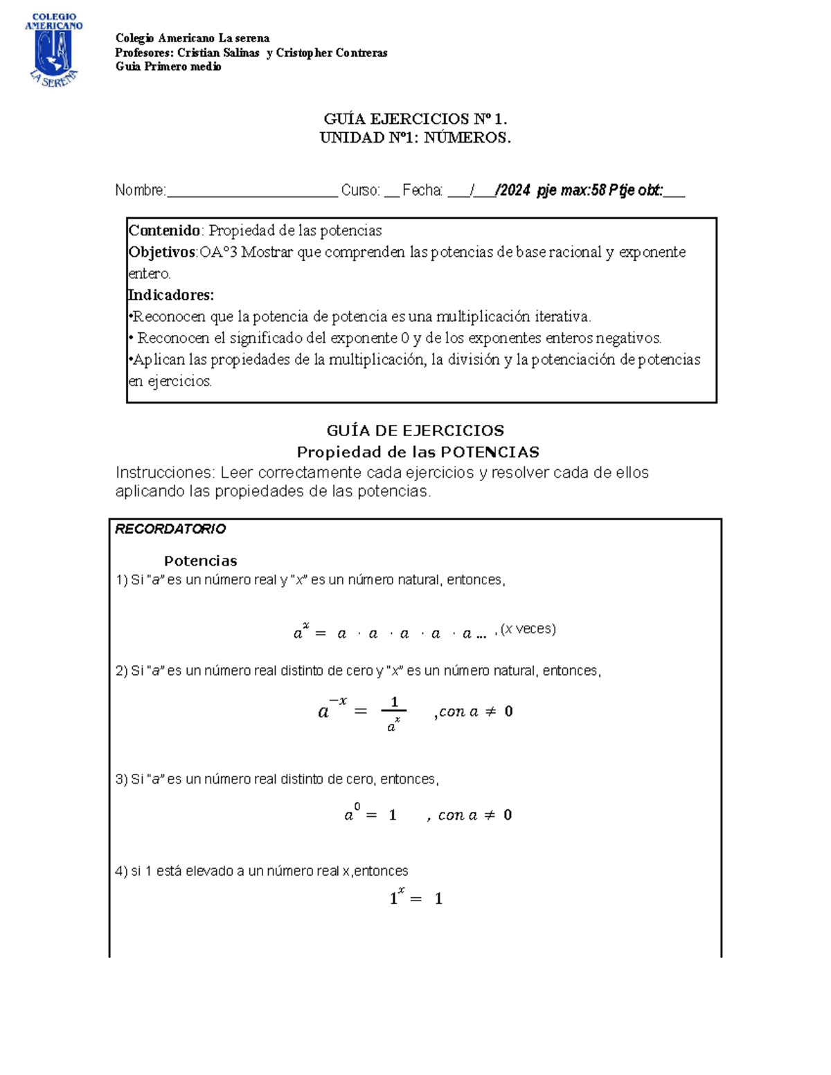 GUIA de potencias base racional y base entera - Profesores: Cristian ...