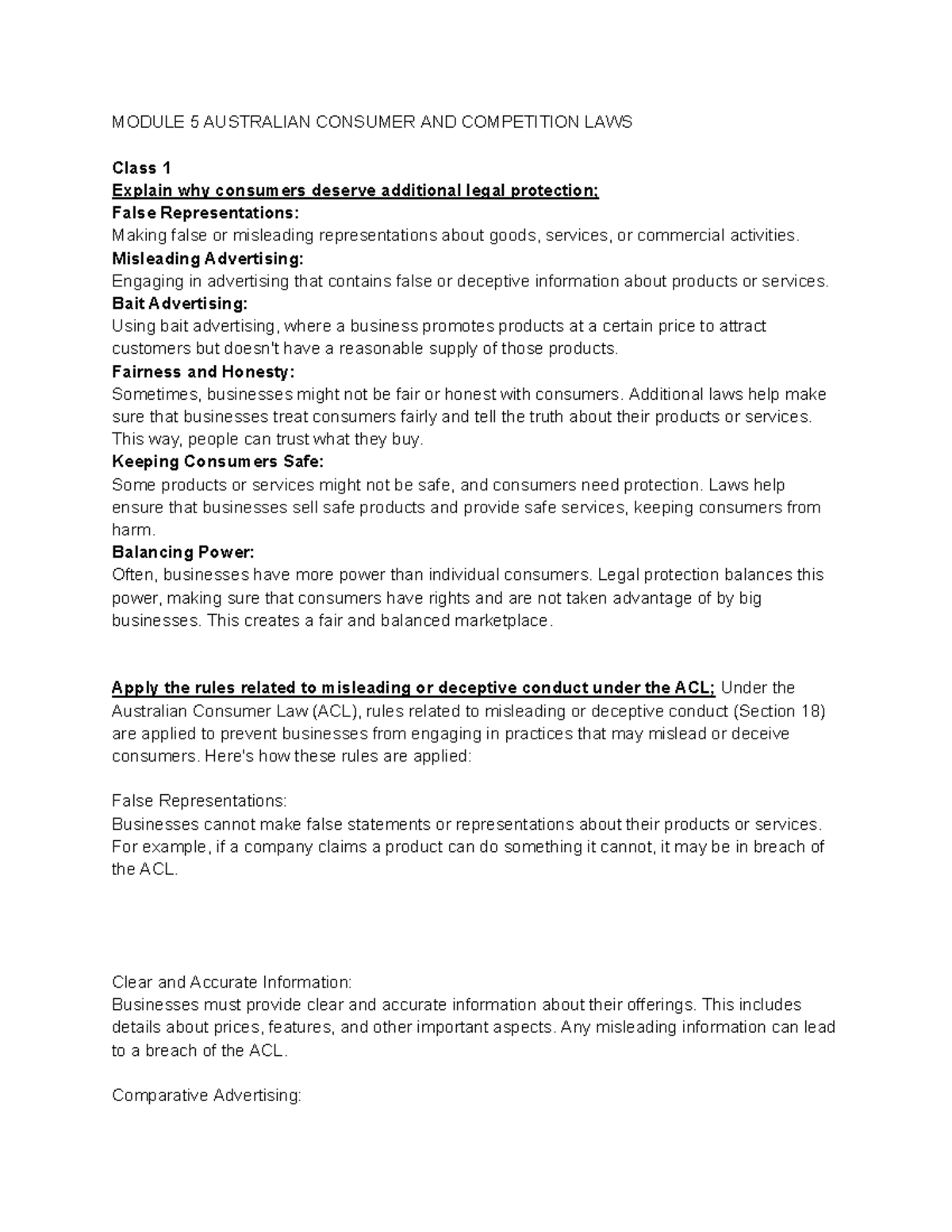 Module 5 Australian Consumer AND Competition LAWS - MODULE 5 AUSTRALIAN ...