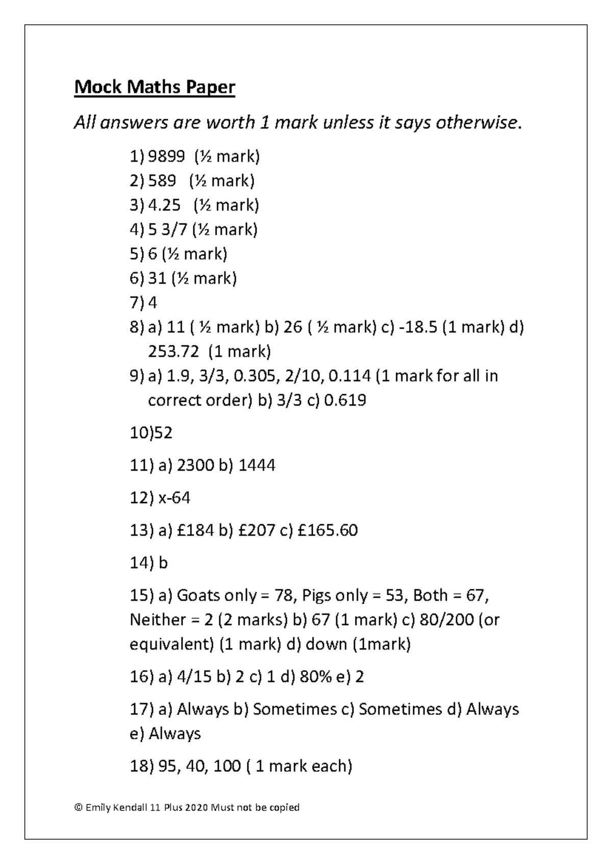 Maths Mock 2 Mark Scheme - © Emily Kendall 11 Plus 2020 Must not be ...