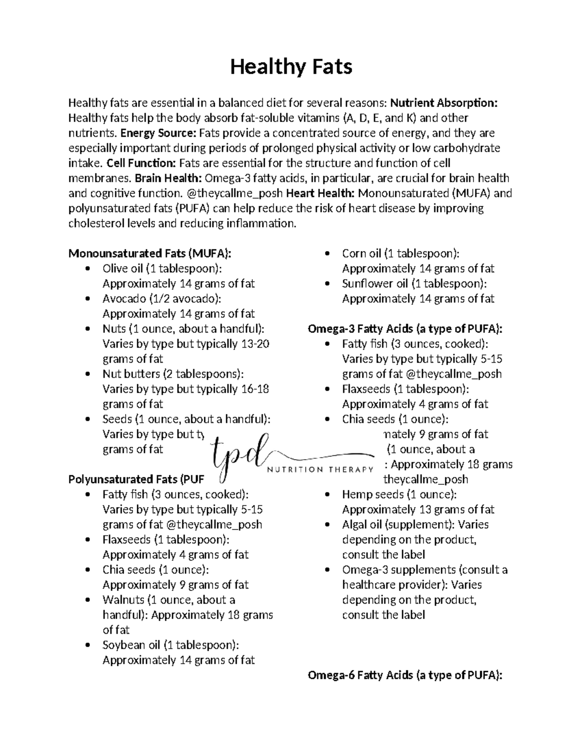 Healthy Fats Handout - Diet - Healthy Fats Healthy fats are essential ...