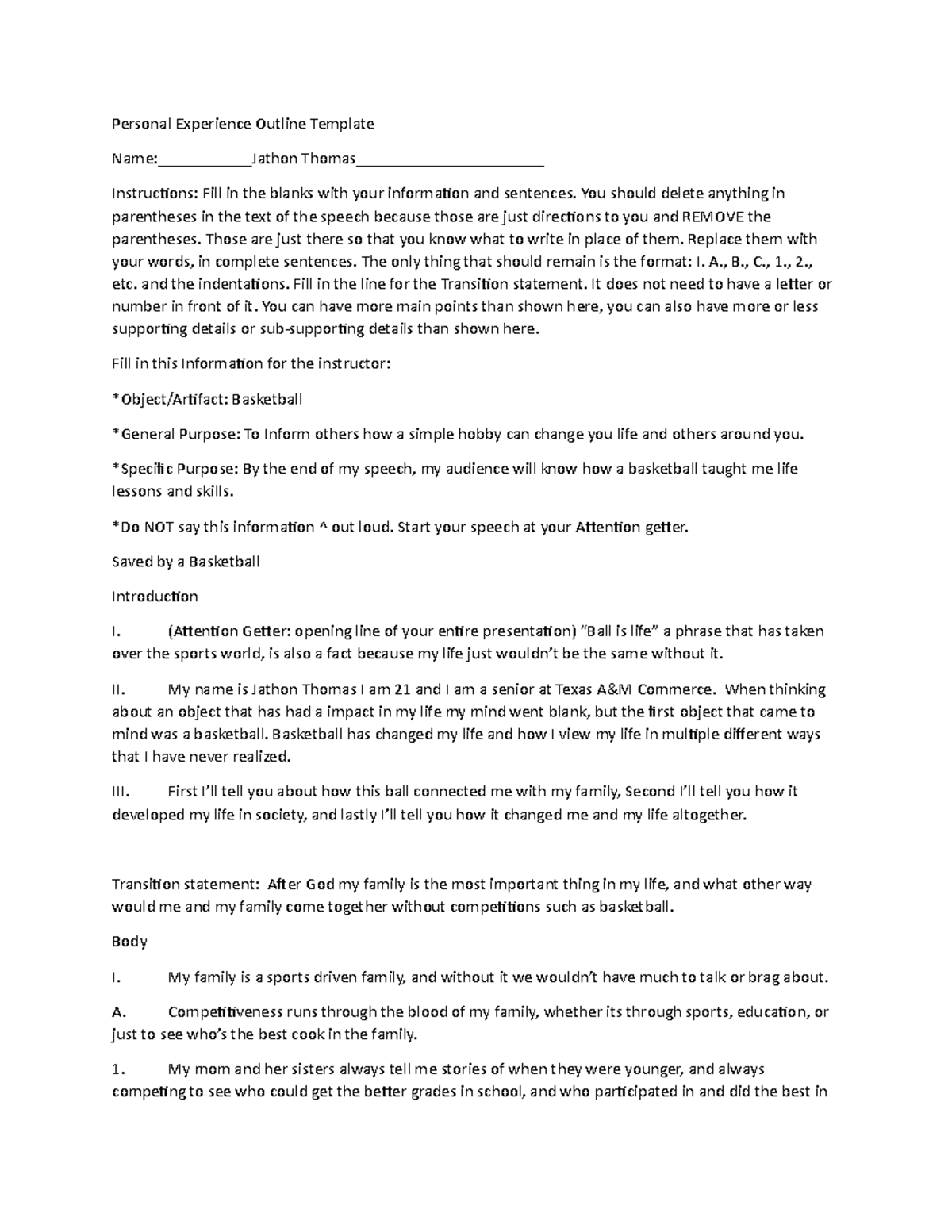 Personal Experience Outline Template - Personal Experience Outline ...