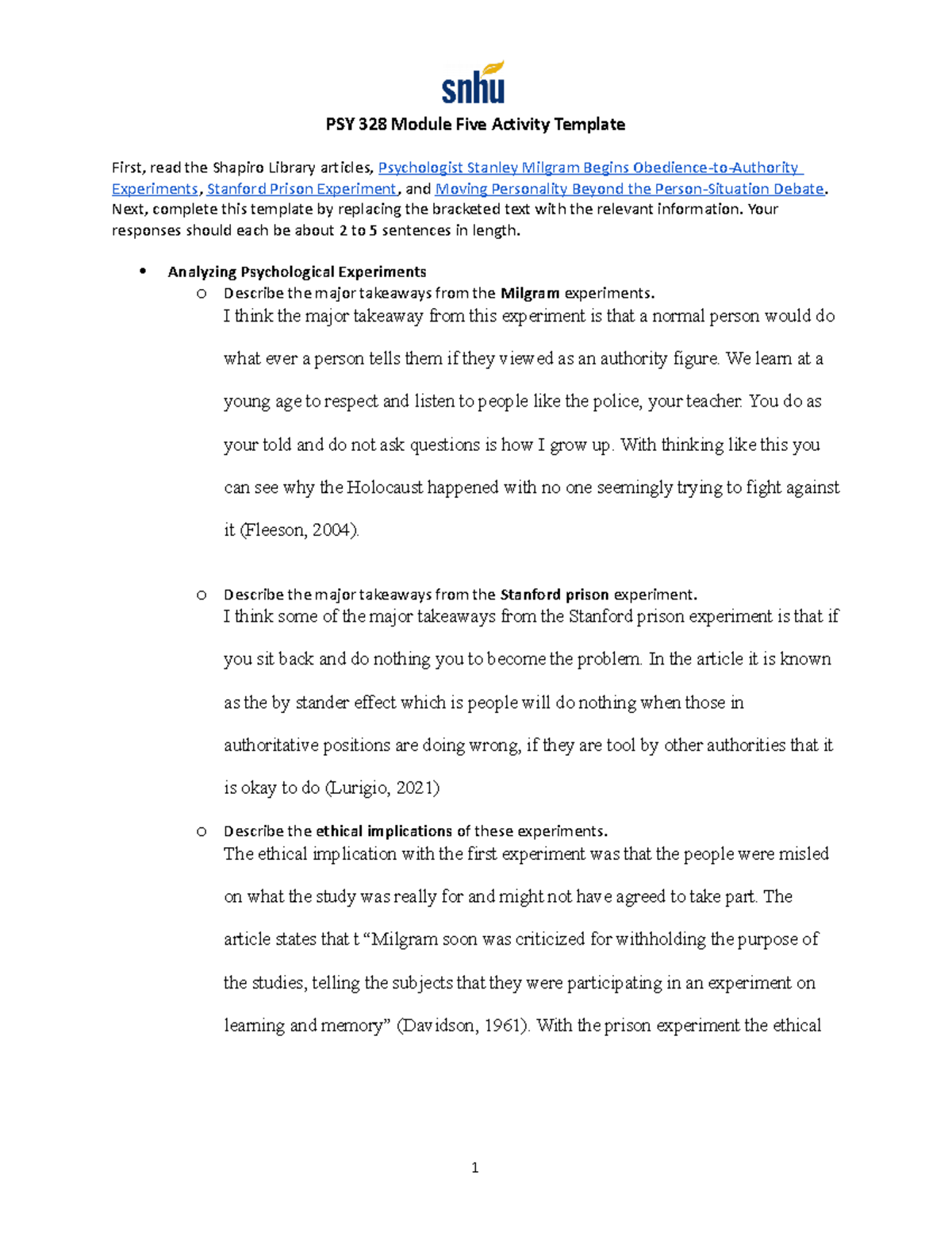 PSY 328 Module Five Activity done - Next, complete this template by replacing the bracketed text ...