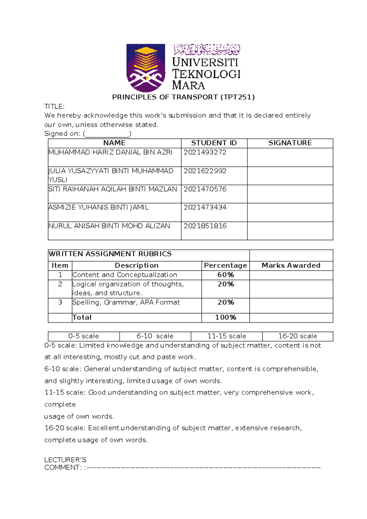 Report Writing of TPT251 - PRINCIPLES OF TRANSPORT (TPT251) TITLE: We ...