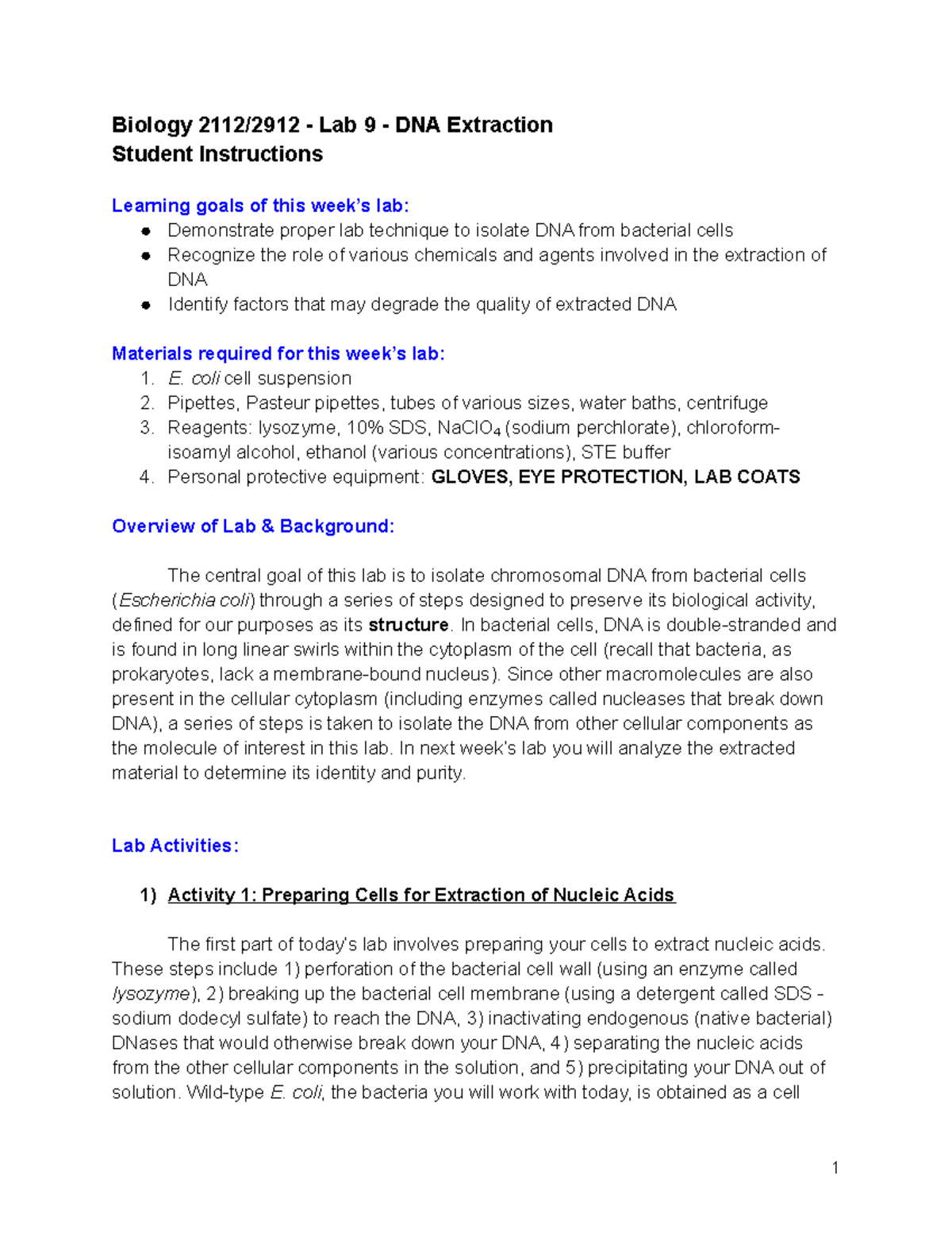Lab 9 - DNA Extraction - Student Instructions - Biology 2112/2912 - Lab ...