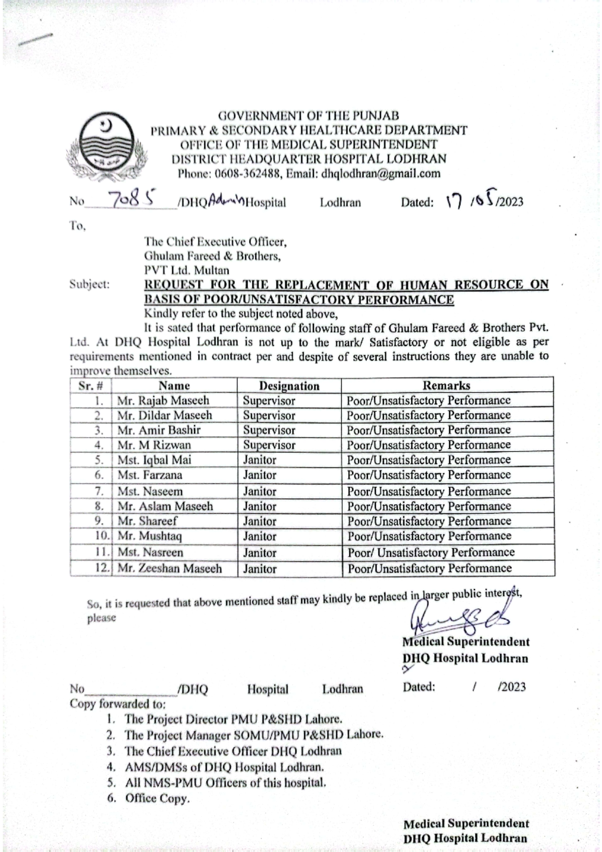 To CEO Ghulam Fareed and brothers for replacement of staff 17-05-23 ...