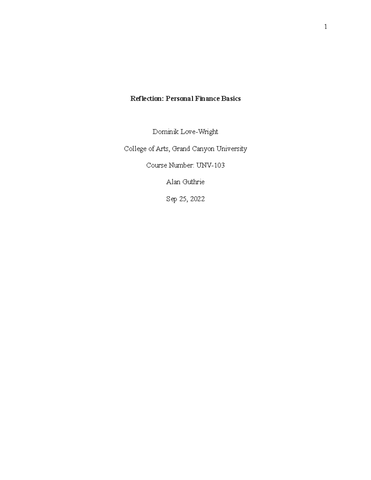 Reflection Personal Finance Basics completed by Dominik Love Wright ...