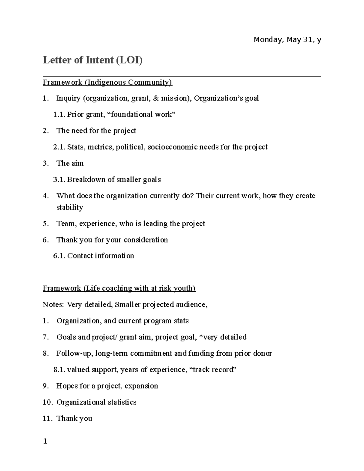 LOI Sample Framework - Monday, May 31, y Letter of Intent (LOI ...