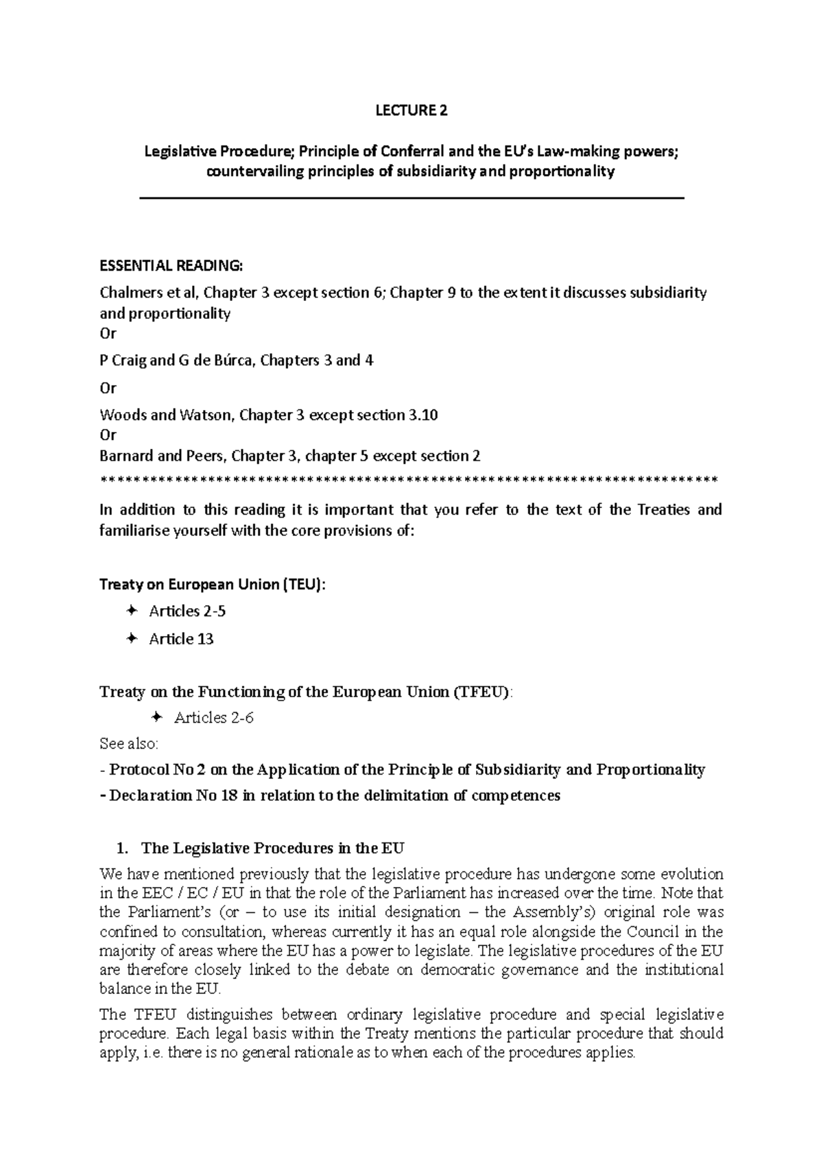 Lecture 2 Outline 2223 - LECTURE 2 Legislative Procedure; Principle of ...