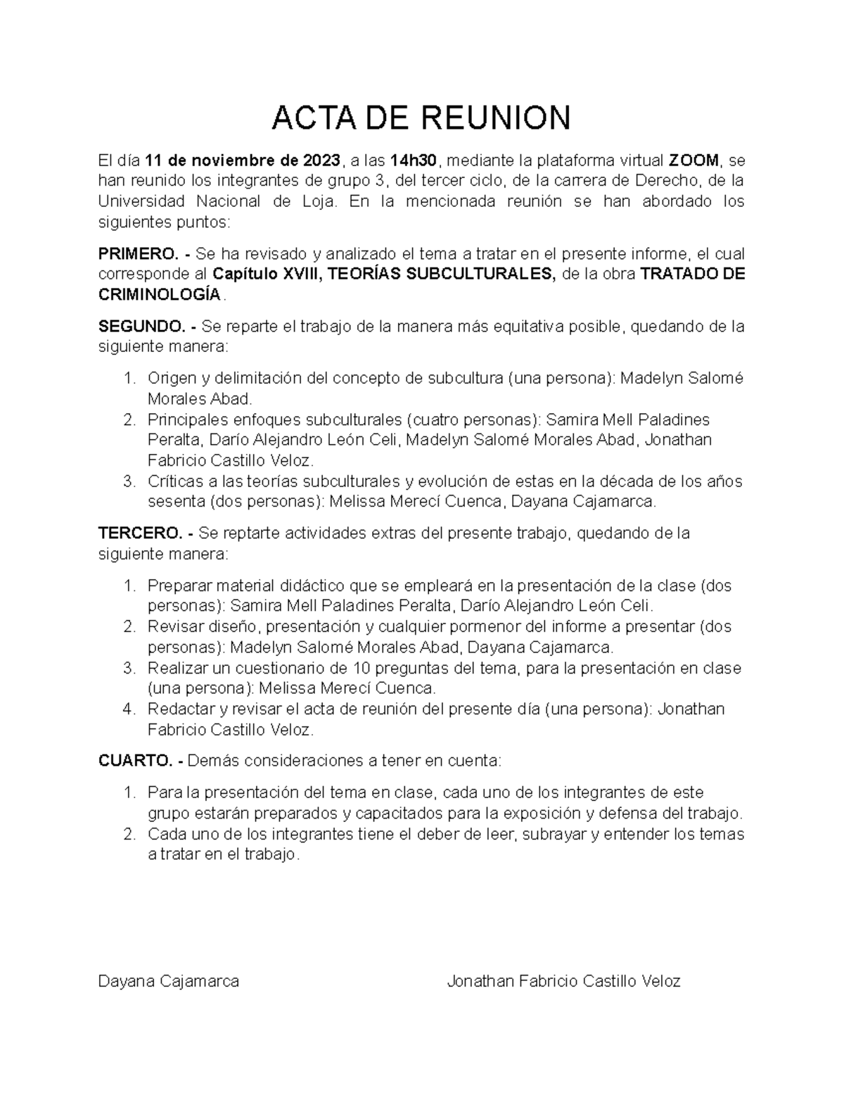ACTA DE Reunion - Acta de reunión vía virtual - ACTA DE REUNION El día 11 de noviembre de 2023 ...