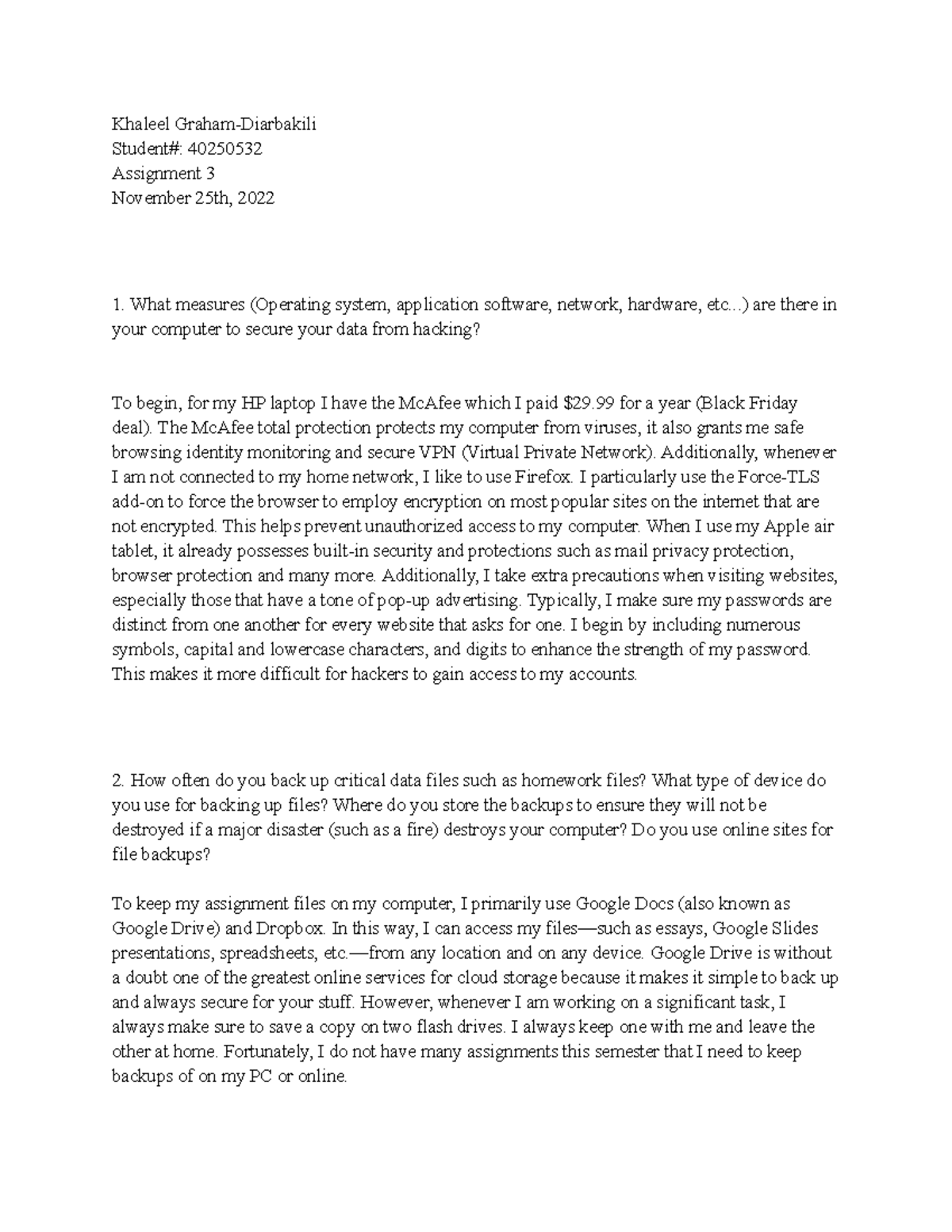 BTM 200 Assignment 3 - homwork - Khaleel Graham-Diarbakili Student ...