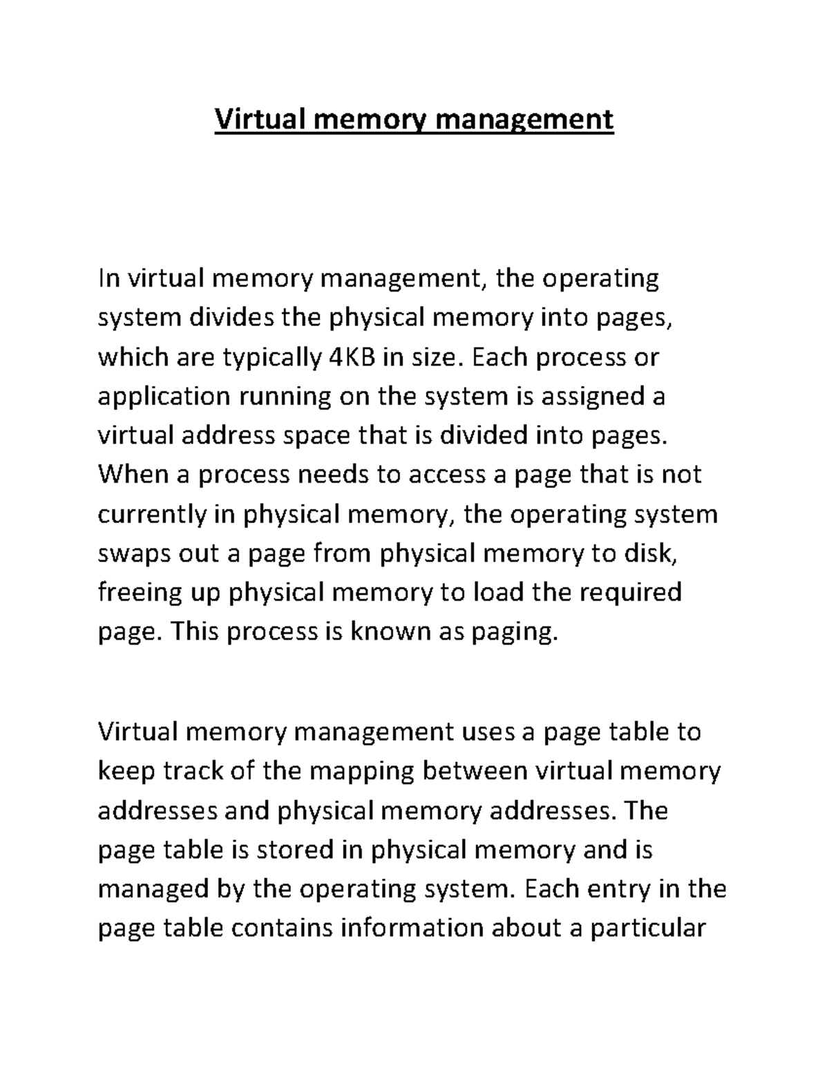 Virtual memory management 1 - Each process or application running on ...