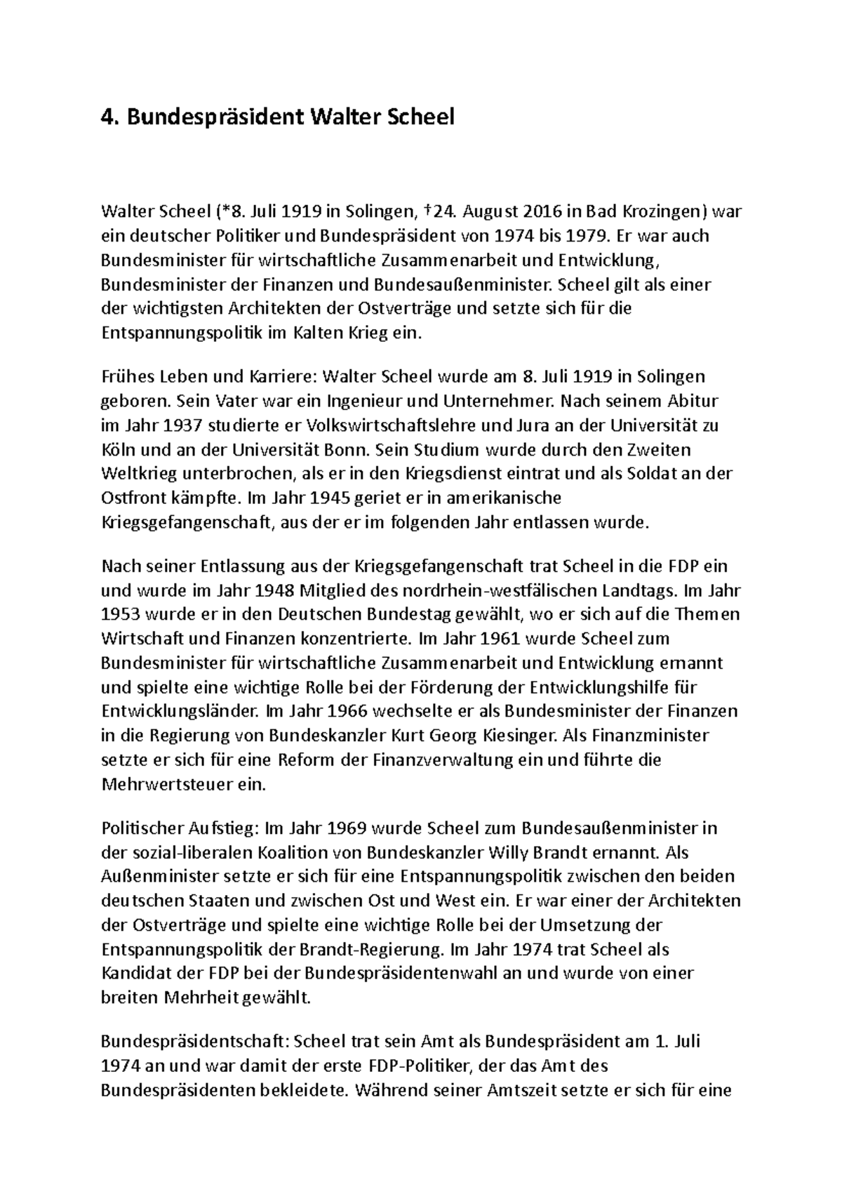 Walter Scheel - Politikwissenschaft Wintersemester - 4. Bundespräsident ...