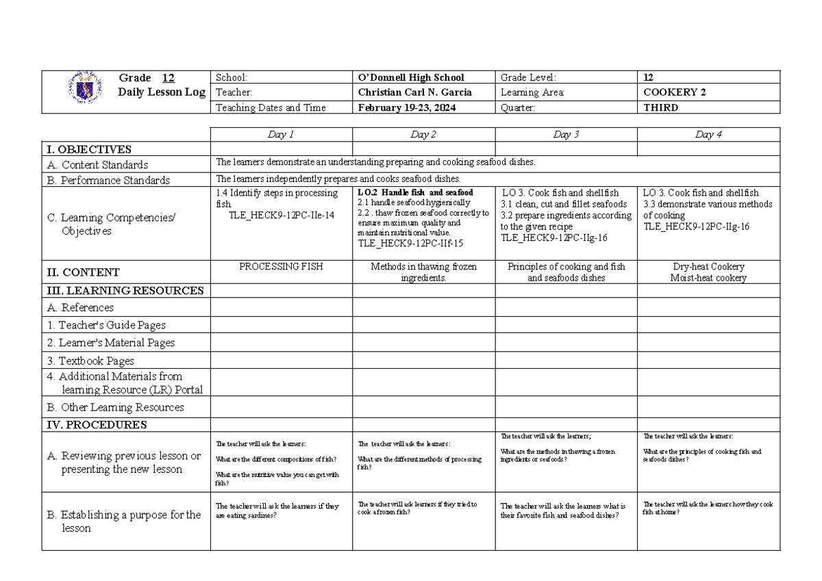 DLL-format feb 19-23 - sample dll format - Grade 12 Daily Lesson Log ...