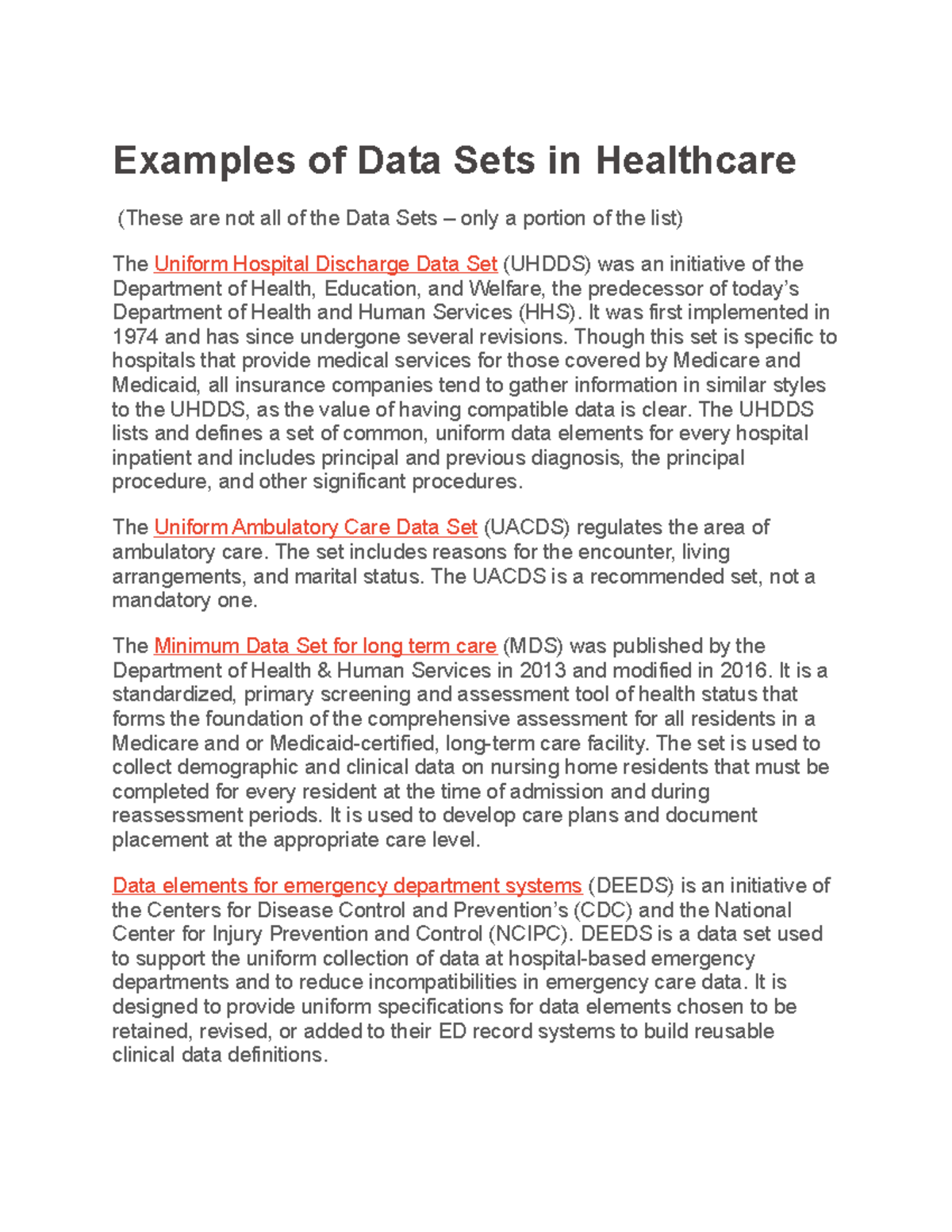1 Examples Of Data Sets In Healthcare Examples Of Data Sets In 