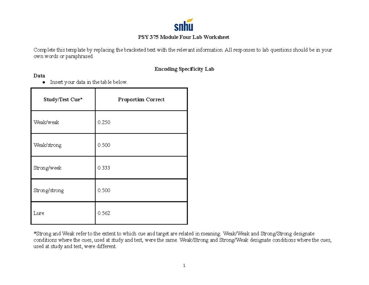 PSY 375 Module Four Lab Worksheet - PSY 375 Module Four Lab Worksheet ...