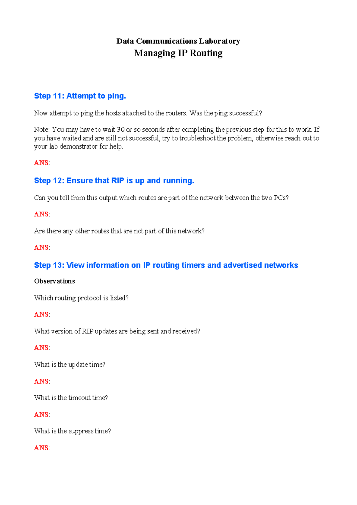 Practical Managing Rip Template Data Communications Laboratory Managing Ip Routing Step 11
