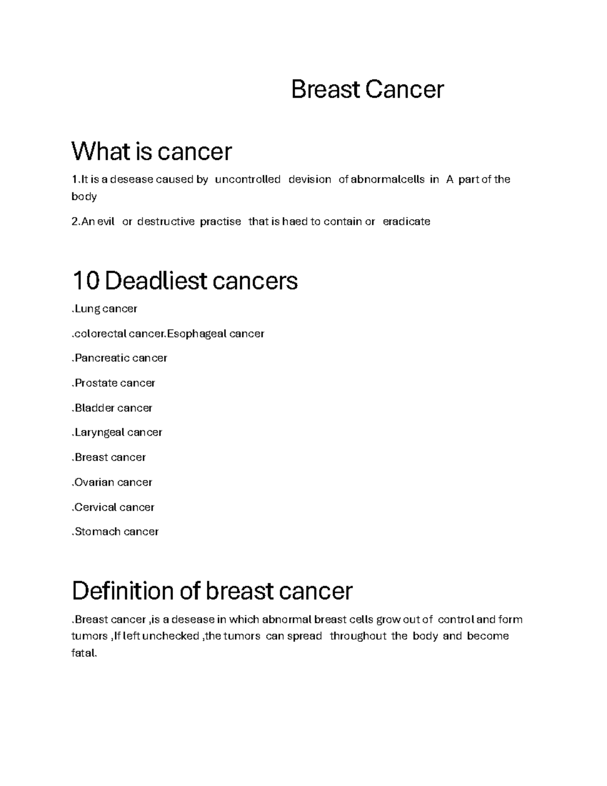 Breast Cancer - Lecture notes - Breast Cancer What is cancer 1 is a ...