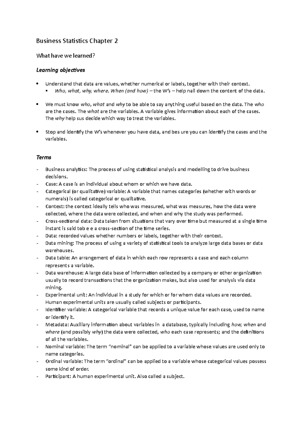 Business Statistics Chapter 2 - Who, what, why, where. When (and how ...
