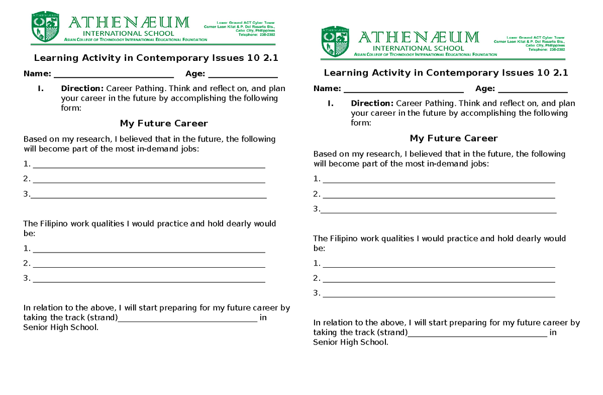 Learning Activity in Contemporary Issues 10 - Name ...