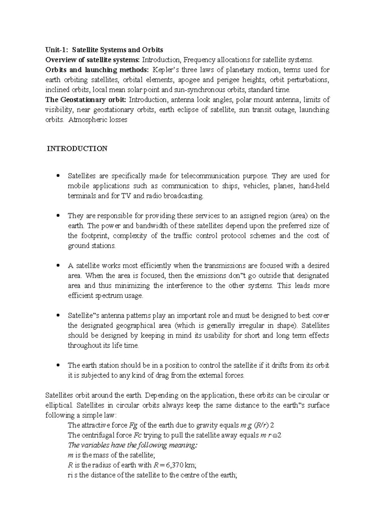 Unit-1 Notes - satellite system - Unit-1: Satellite Systems and Orbits ...