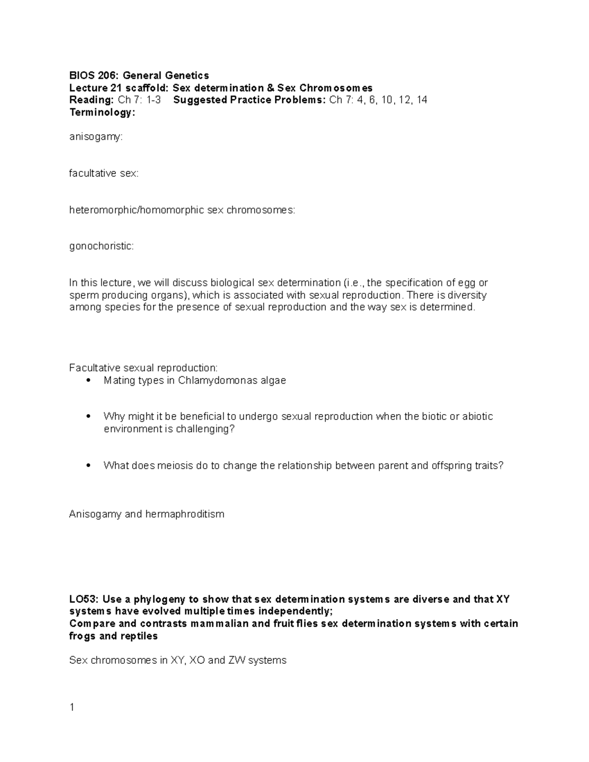 Genetics Lec21 Note Scaffold Bios 206 General Genetics Lecture 21 Scaffold Sex Determination