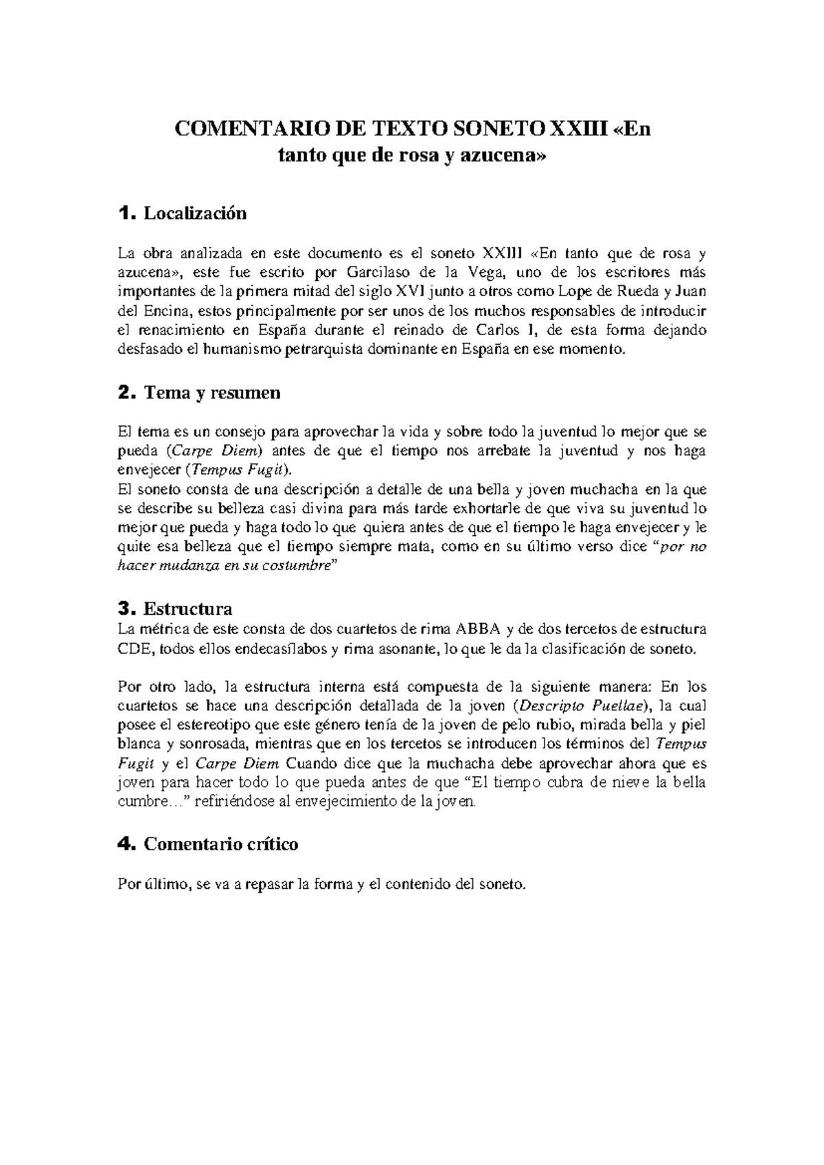 Comentario Soneto XXIII - COMENTARIO DE TEXTO SONETO XXIII «En tanto ...