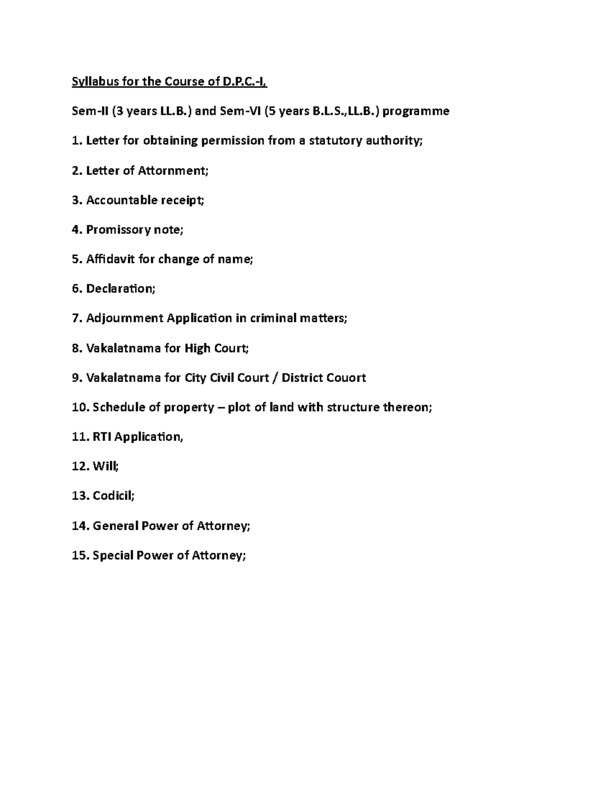 Dpc - dpc - Syllabus for the Course of D.P.-I, Sem-II (3 years LL.) and ...