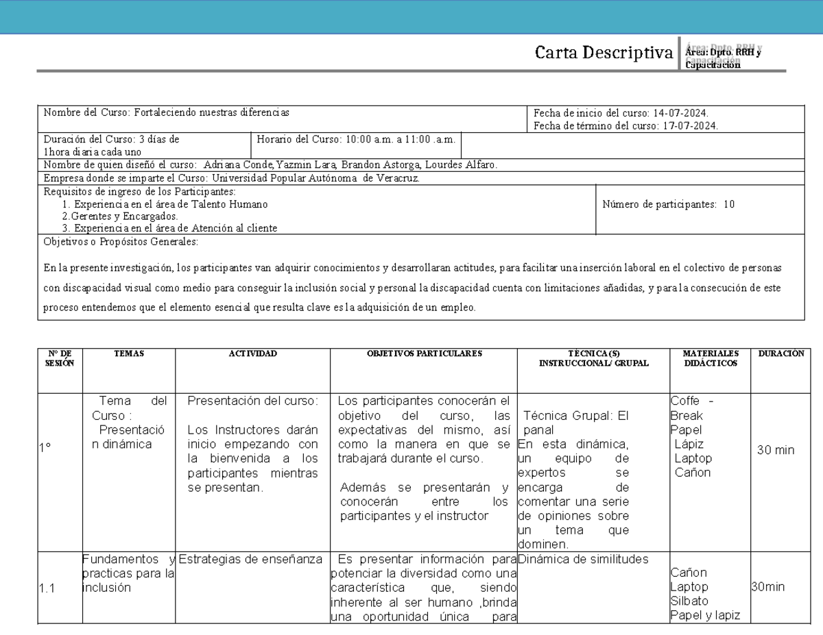 carta descriptiva de como hacerla asi es un ejemplo de como ahcerla ...