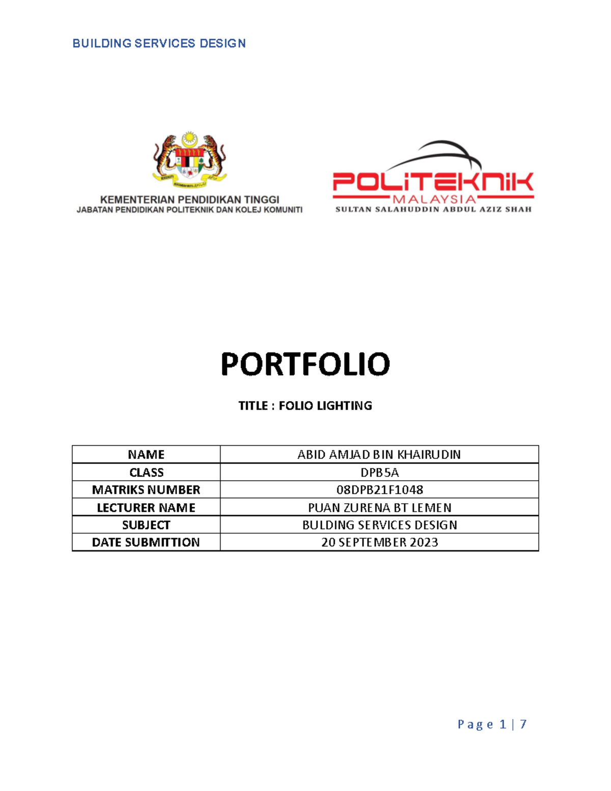 Portfolio - assignment design - PORTFOLIO TITLE : FOLIO LIGHTING NAME ...
