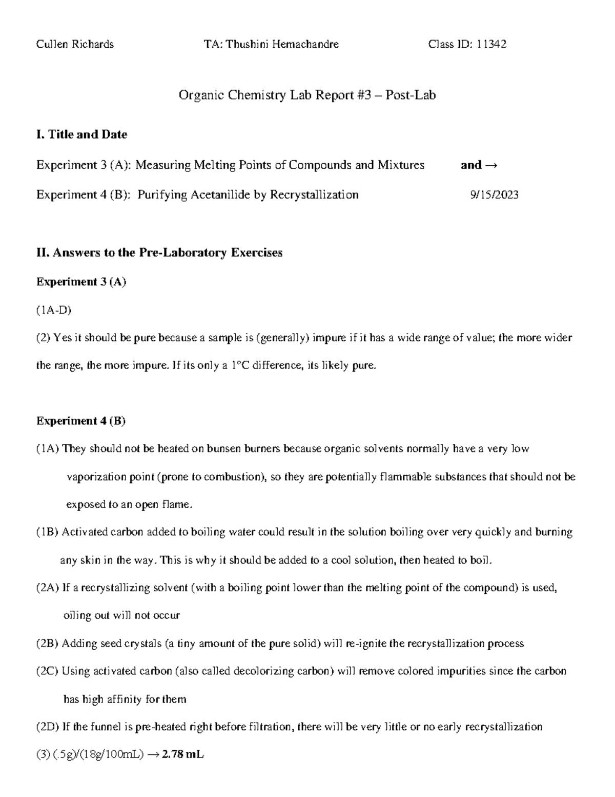 Organic Chemistry Lab Report#3 - Title and Date Experiment 3 (A ...