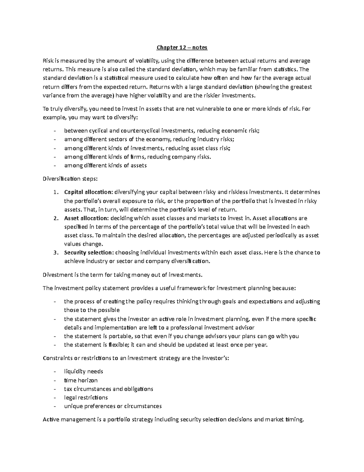 Chapter 12 - notes - Chapter 12 – notes Risk is measured by the amount ...