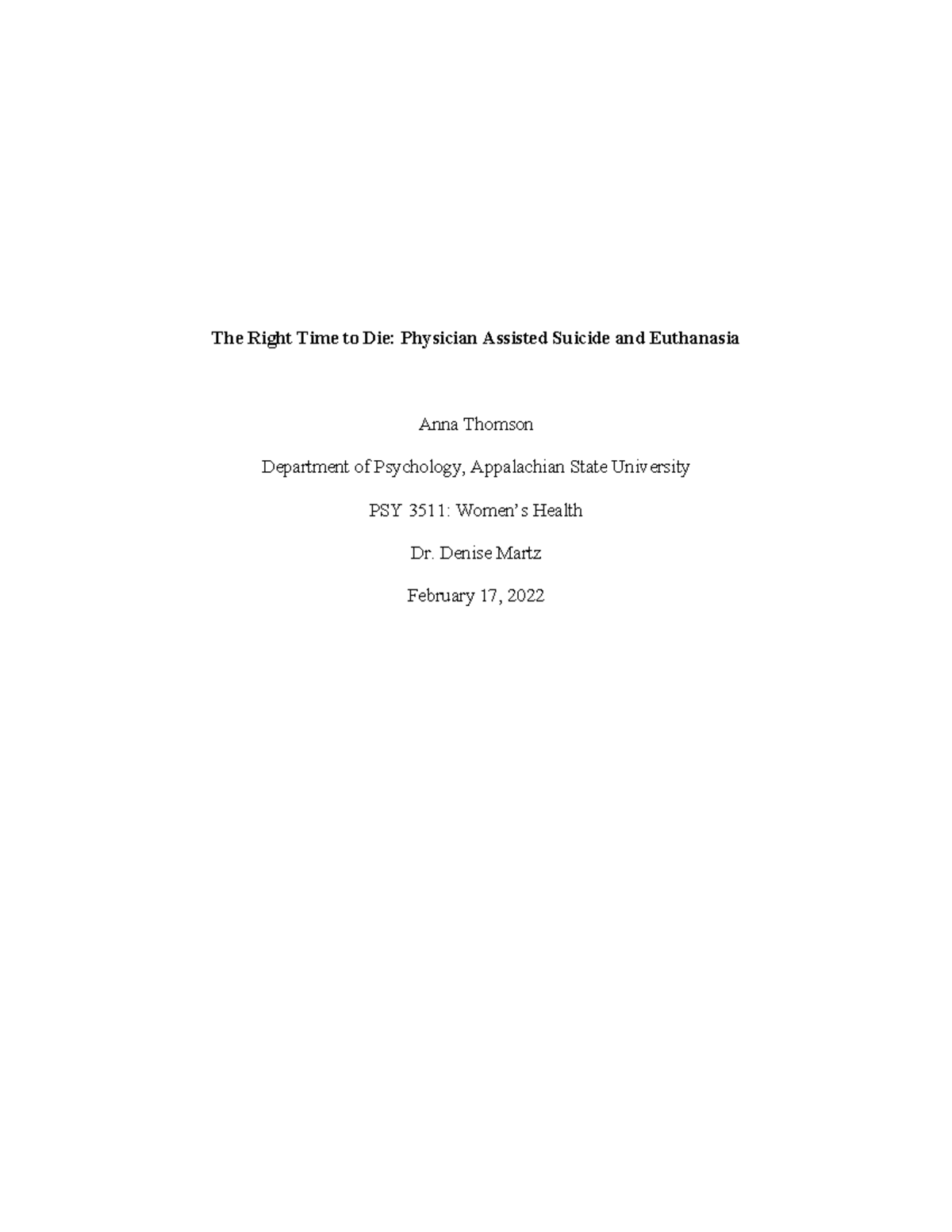 Physician Assisted Suicide Paper - Denise Martz February 17, 2022 ...