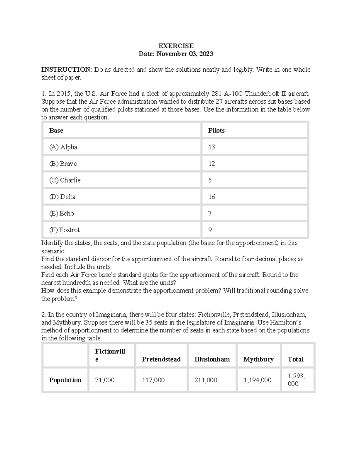 SEMI- Final- Exercises - EXERCISE Date: November 03, 2023 INSTRUCTION: Do as directed and show ...