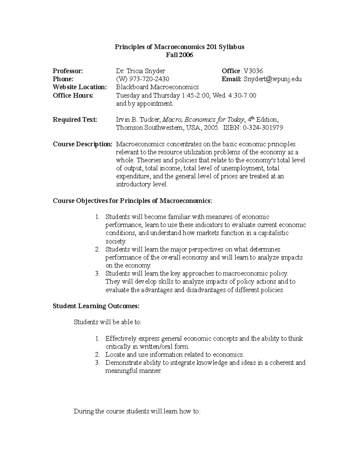 ECON201 macro fall06 - Principles of Macroeconomics 201 Syllabus Fall ...