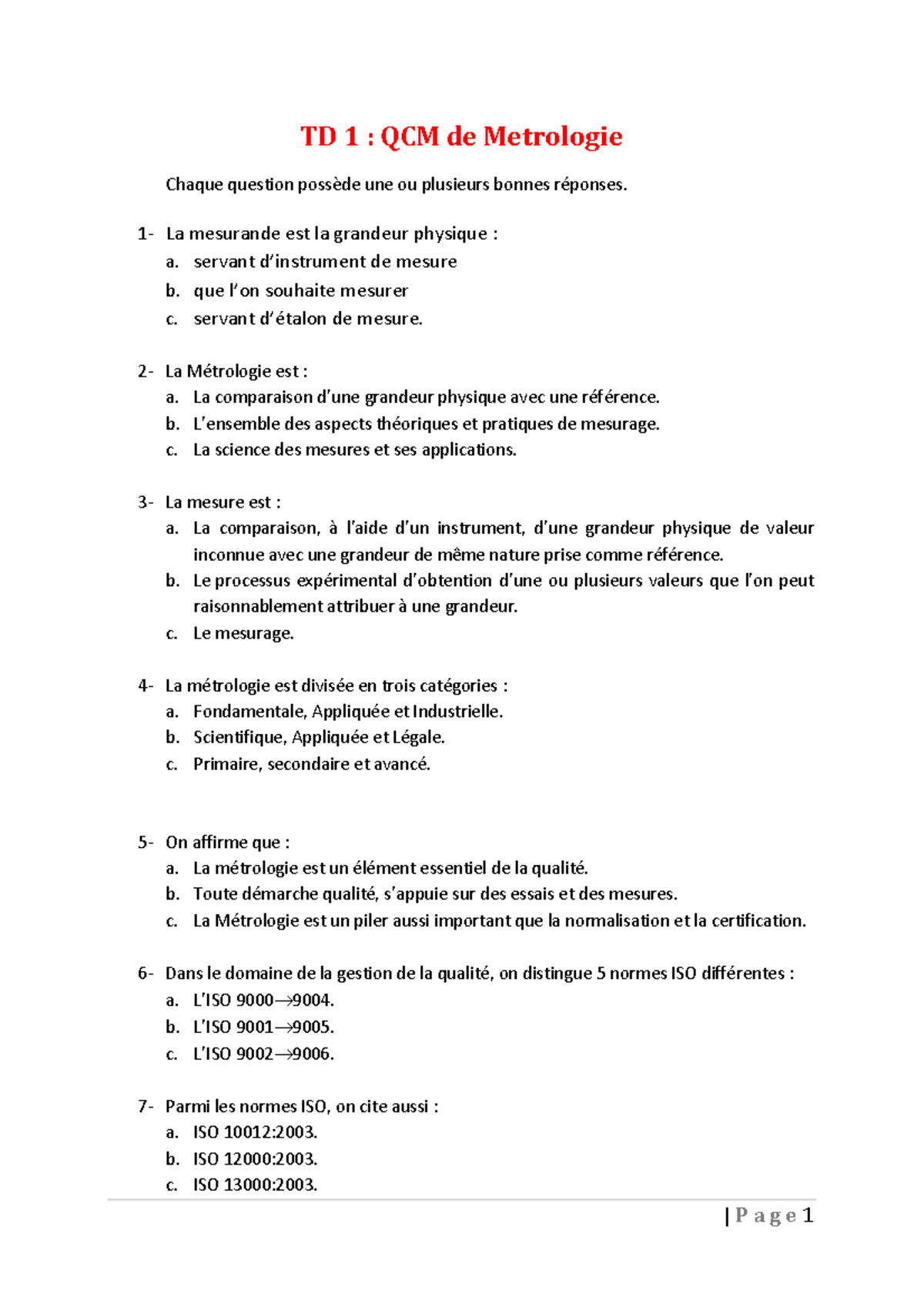 681514955 TD 1 QCM Metrologie - | P a g e 1 TD 1 : QCM de Metrologie ...
