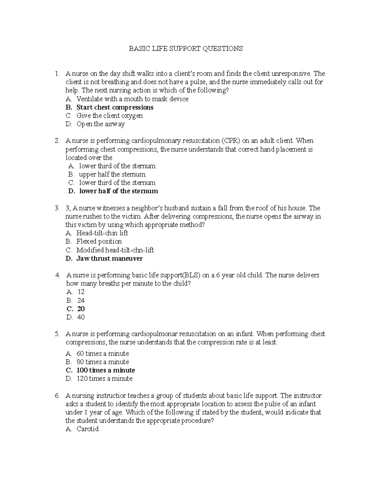 149430295 Basic Life Support Questions - BASIC LIFE SUPPORT QUESTIONS A ...