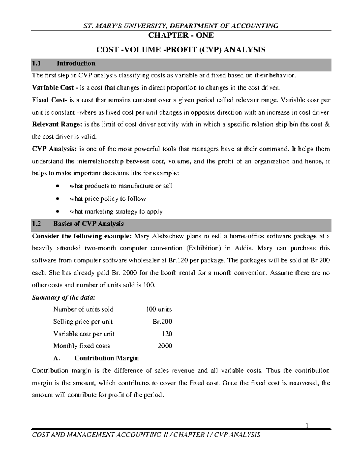 CH - 1 CVP Analysis - Ahmed - ST. UNIVERSITY, DEPARTMENT OF ACCOUNTING CHAPTER ONE COST (CVP ...