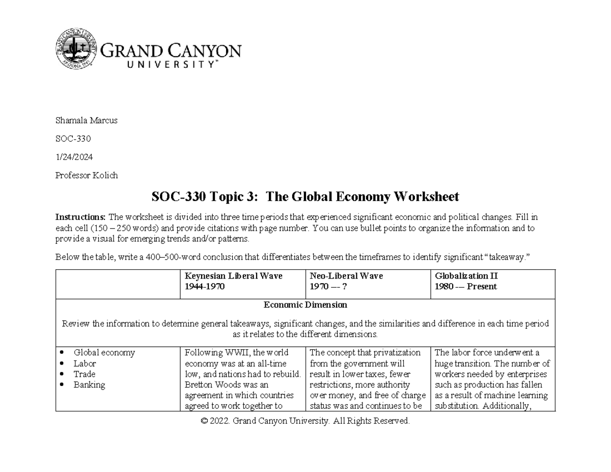 Topic 3 SOC 330 Global Economy Worksheet - Shamala Marcus SOC- 1/24 ...
