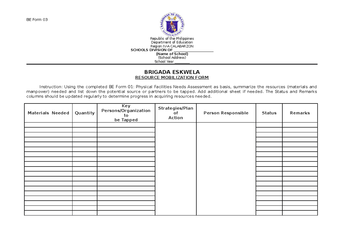 BE Form 3 Resource Mobilization FORM - BE Form 03 Republic of the ...