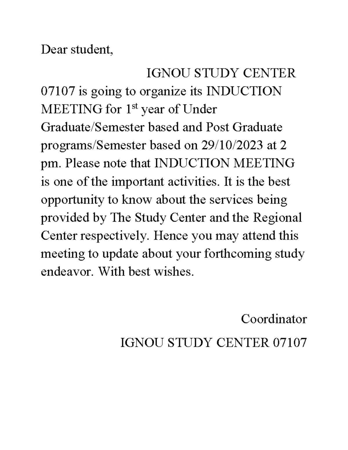 Induction .docx July 2023 - Dear student, IGNOU STUDY CENTER 07107 is going to organize its ...