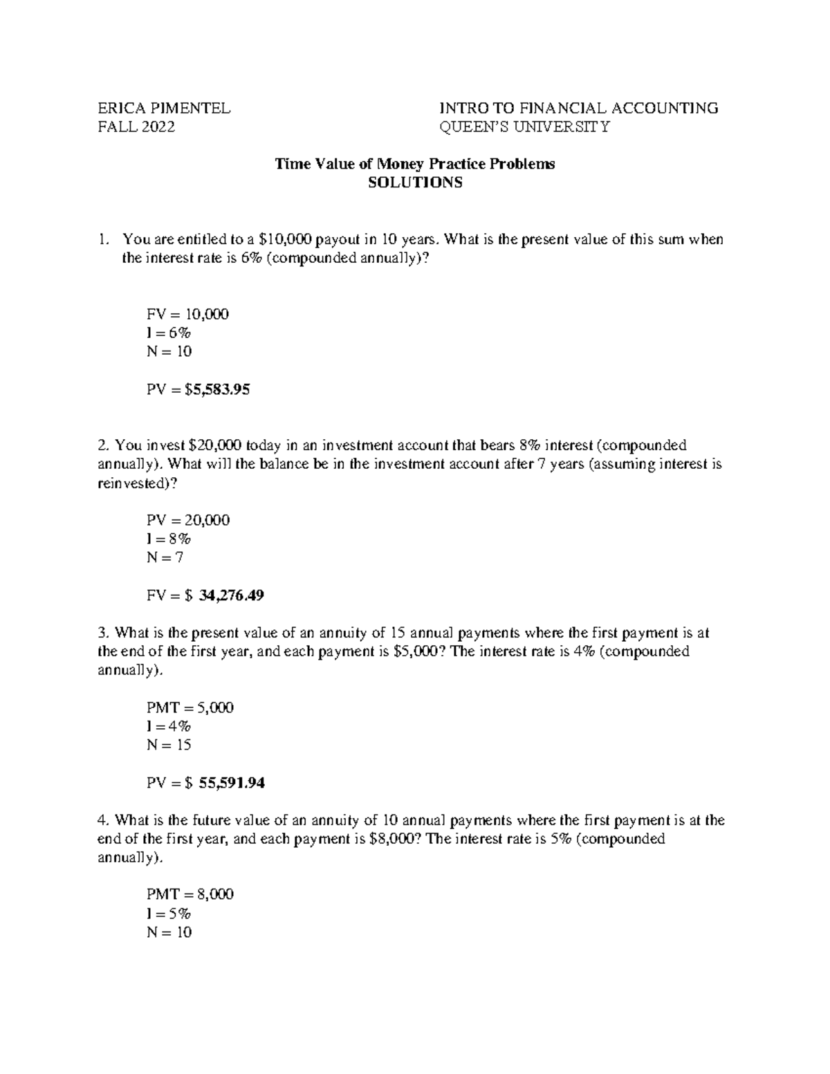 Time Value of Money Practice Problems - Solutions - ERICA PIMENTEL ...