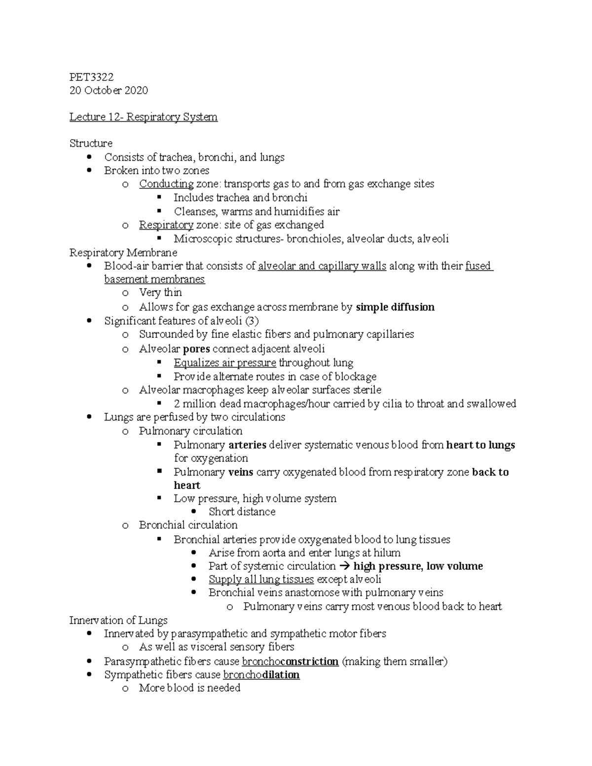 Respiratory System - Lecture notes 12 - PET 20 October 2020 Lecture 12 ...