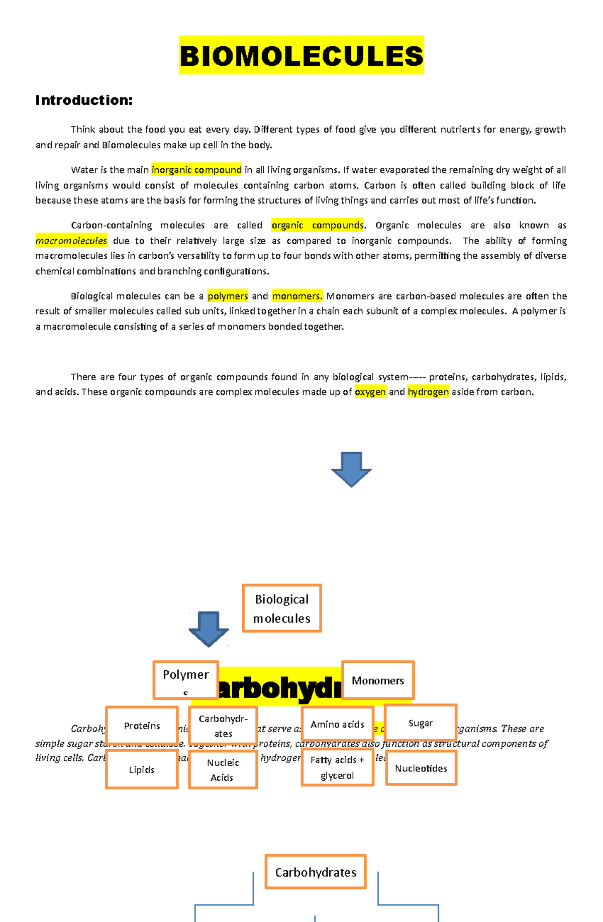 Biomolecules - BIOMOLECULES ####### Introduction: Think about the food ...