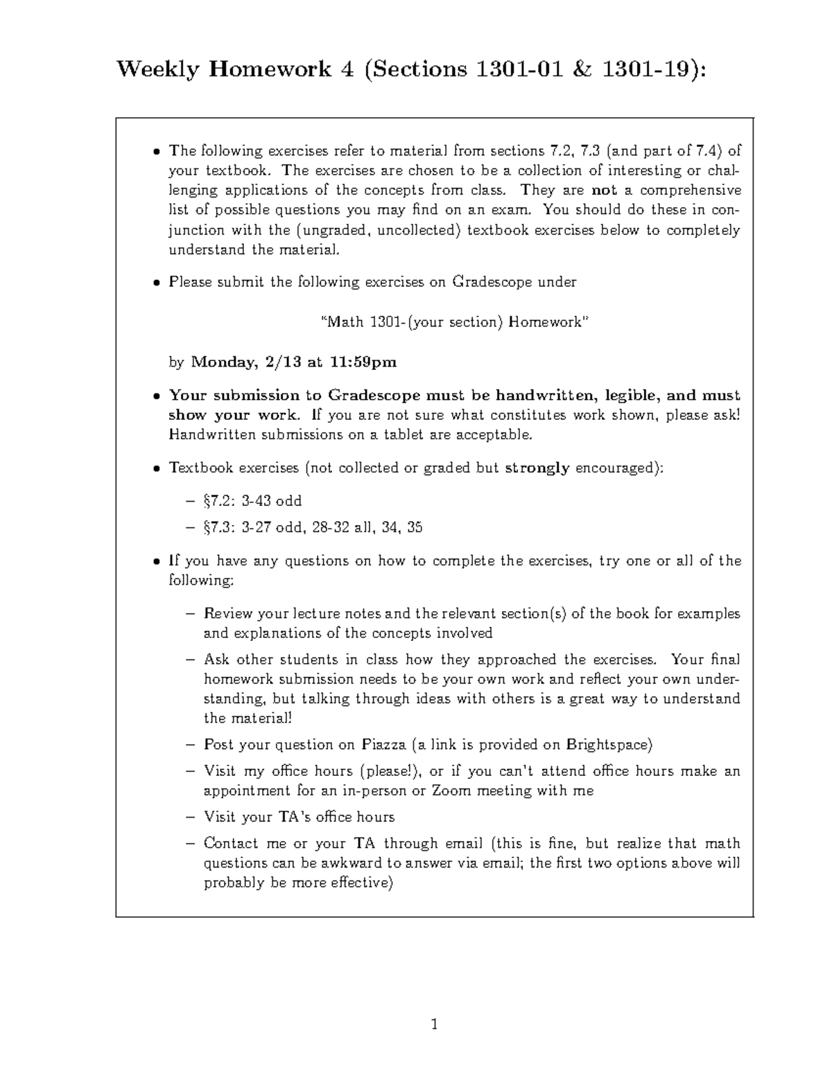 1301SP23Homework 4 - Math 1301 Weekly Homework 4 - Weekly Homework 4 (Sections 1301-01 & - Studocu