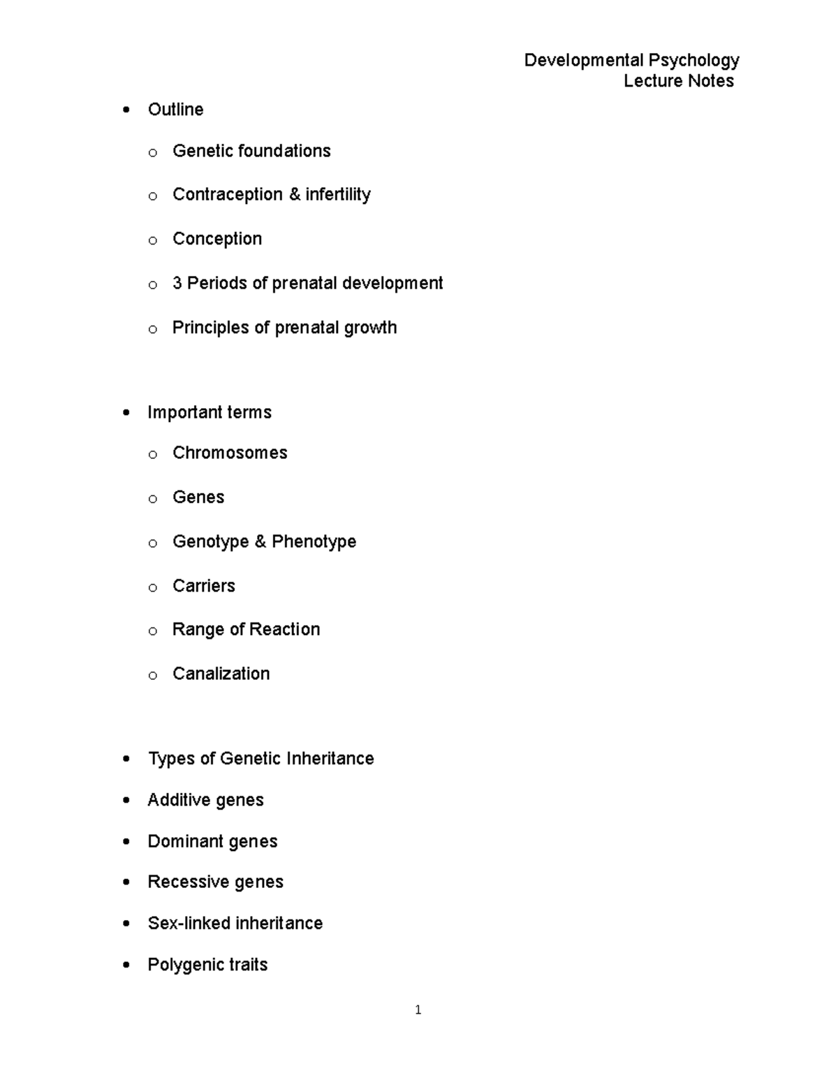2021 Developmental Psychology Lecture Notes 3A - Lecture Notes Outline ...