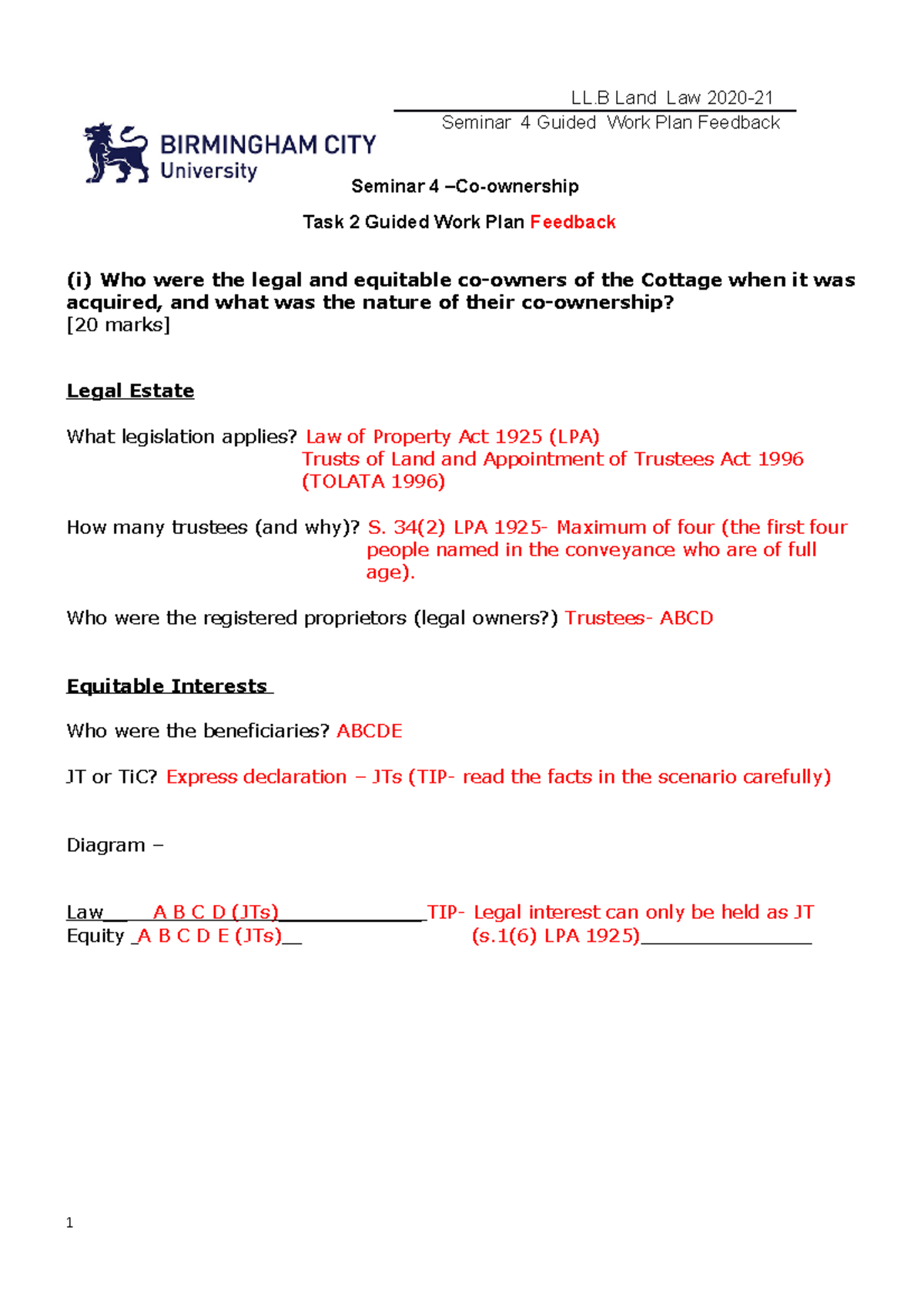 Seminar 4 Co-ownership Guided Work Plan Feedback - Seminar 4 Guided ...